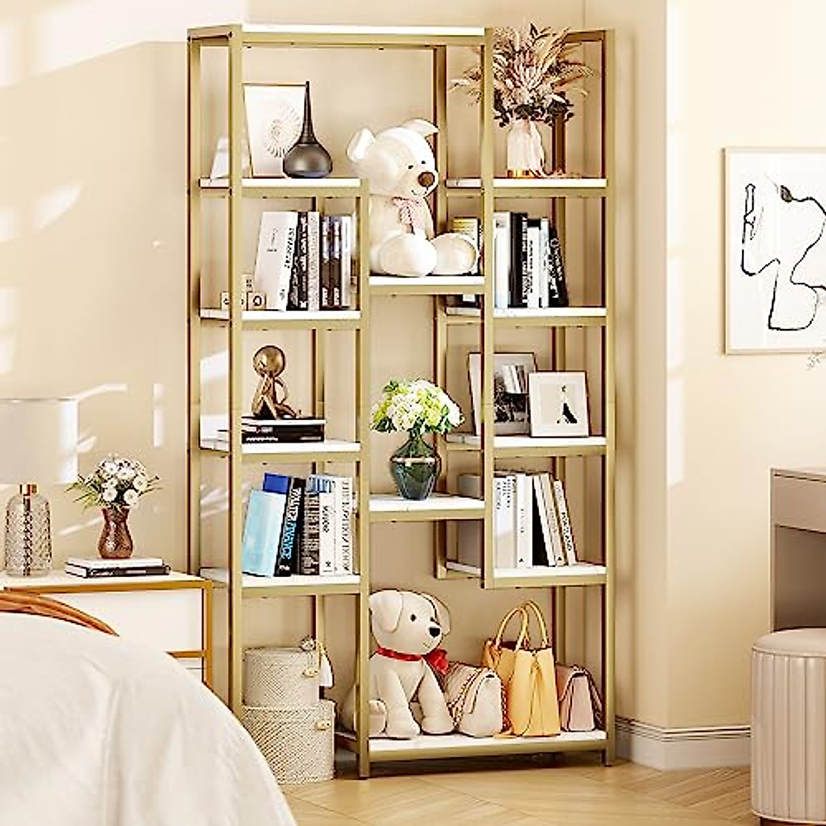 YITAHOME 6 Tier Gold Bookshelf, 71” Tall Modern Free Standing Bookshelf with 12 Shelf Bookcase, Faux Marble Open Display Storage Book Shelves for Living Room Bedroom Office Home, Gold & Marble