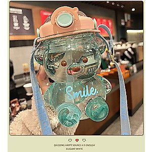 Cute Water Bottle 35OZ Kawaii Water Bottles with Straw and Shoulder Strap for School Camping Sports Travel, Leak-proof Girls Drinking Water Jug