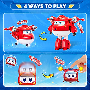 Super Wings - 5" Transforming 2-Pack Supercharged Jett & Super Pet Jett Airplane Toys | New from Season 5 | Airplane to Robot | Preschool Birthday Gifts for 3 4 5 Year Old Kids | with Light Effect