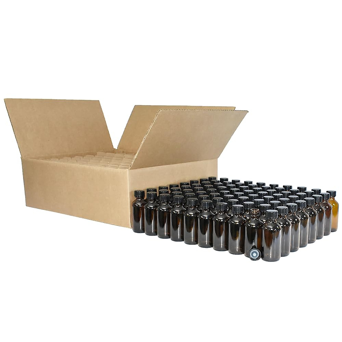 GlassBottleOutlet (80 Pack) 2 oz. Amber Boston Round with Black Poly Cone Cap