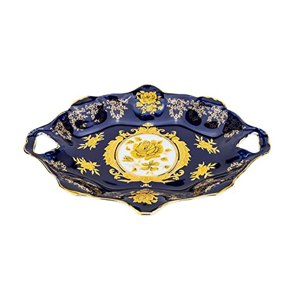 Royalty Porcelain Fine Porcelain Cobalt Blue Serving Tray with Gold Floral Ornament and Handles