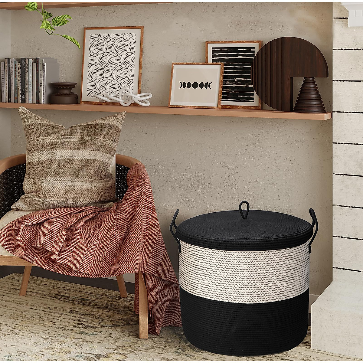 Echueuey 115L Extra Large storage basket with lid, blanket basket with lid for living room,extra large laundry basket,large round basket with lid,wicker basket with lid,Black 21" x 21" x 18"