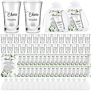 Uiifan 50 Sets Wedding Favors for Guests Wedding Short Glasses Cheers to Love Acrylic Clear Shot Glasses Plastic Glasses Wedding Thank You Cards with Organza Bags