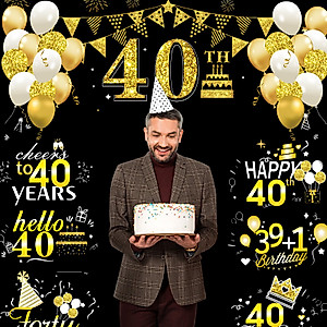Large 40th Birthday Decorations 40th Birthday Banner Photography for Men Women, Black Gold Funny Cheers to 40 Years Birthday Party Supplies, Hello Forty Bday Photo Booth for Indoor Outdoor(79x71inch)