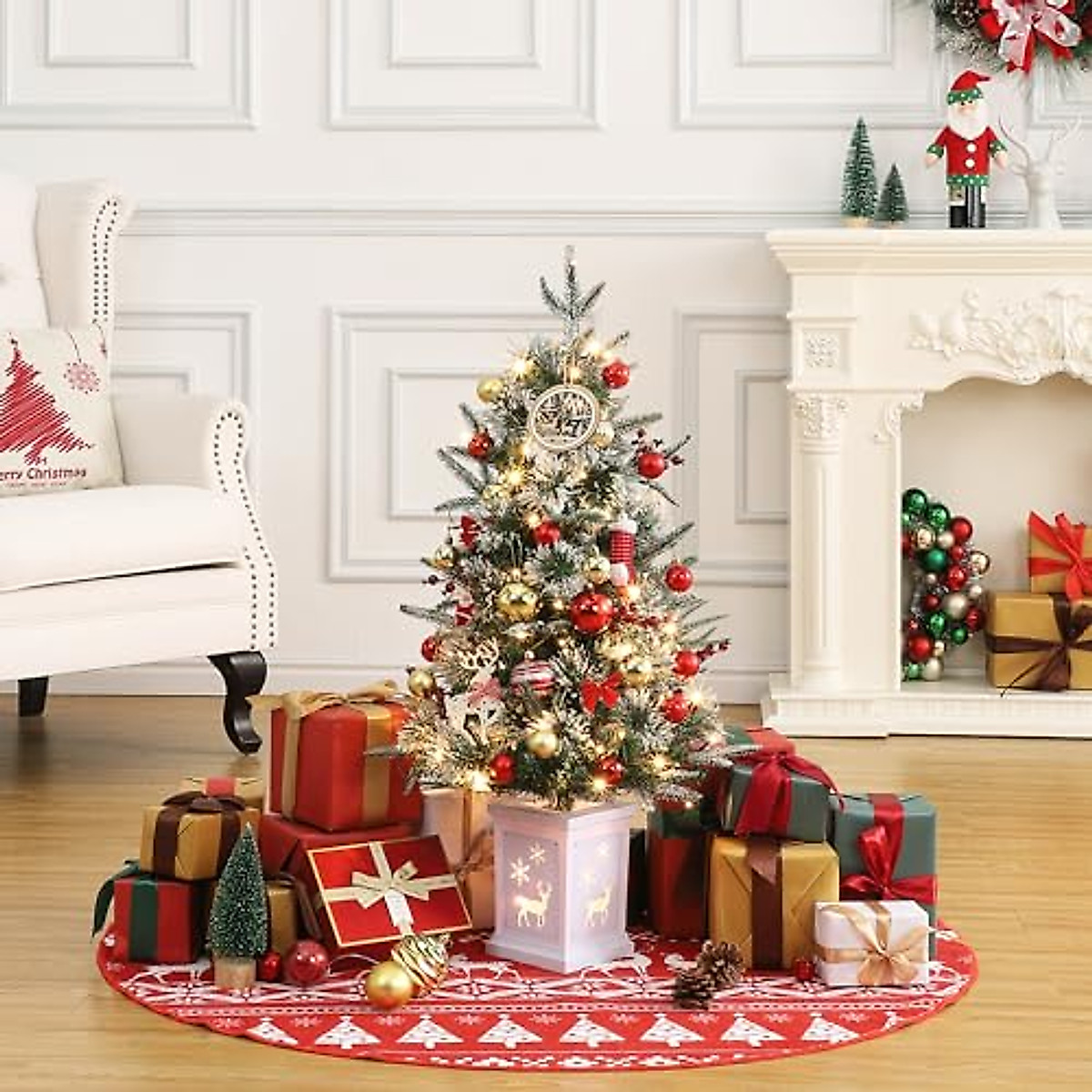 3ft Mini Prelit Premium Snow Flocked Artificial Christmas Tree, Pre-lit Xmas Pine Tree for Christmas Decoration, Party Decoration, Home, Office, White Base (White Base-elk, 3FT)