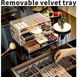 Cq acrylic Earring Jewelry Organizer with 3 Drawers Clear Acrylic Jewelry Box for Women,Stackable Velvet Earring Display Case Earrings Ring Bracelet Necklace Holder Gift for Women, Grey