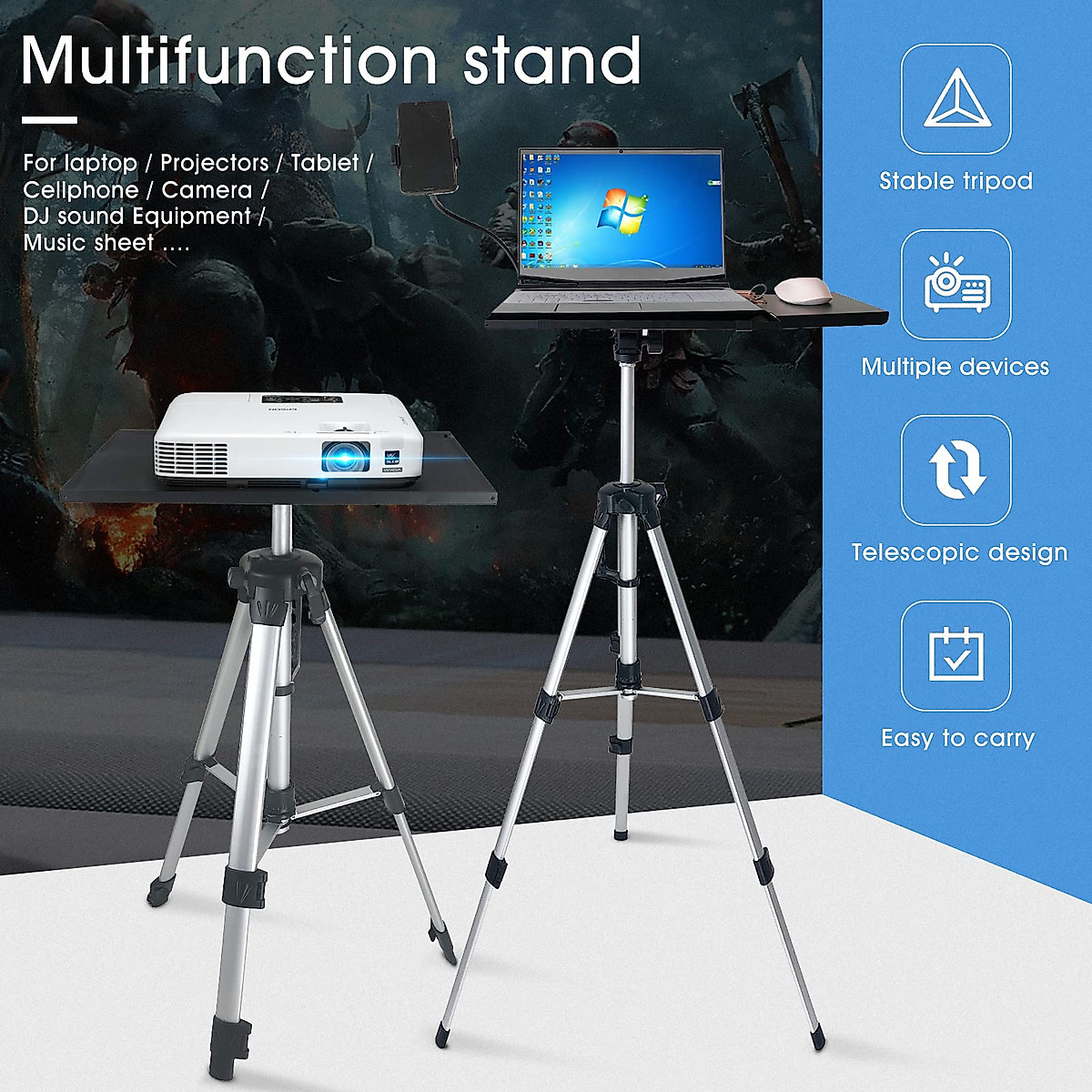 Projector Tripod Stand with Tray Laptop Tripod with Tray Stand Projector Holder Stand Adjustable Height Laptop Stand DJ Laptop Stand Laptop Floor Stand Laptop Standing Desk (Silver)