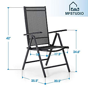 MFSTUDIO 2 PCS Folding Chairs with Arms,Portable Patio Dining Chairs with 7 Levels Adjustable for Outdoor & Indoor, Sling Back Chairs (Black)