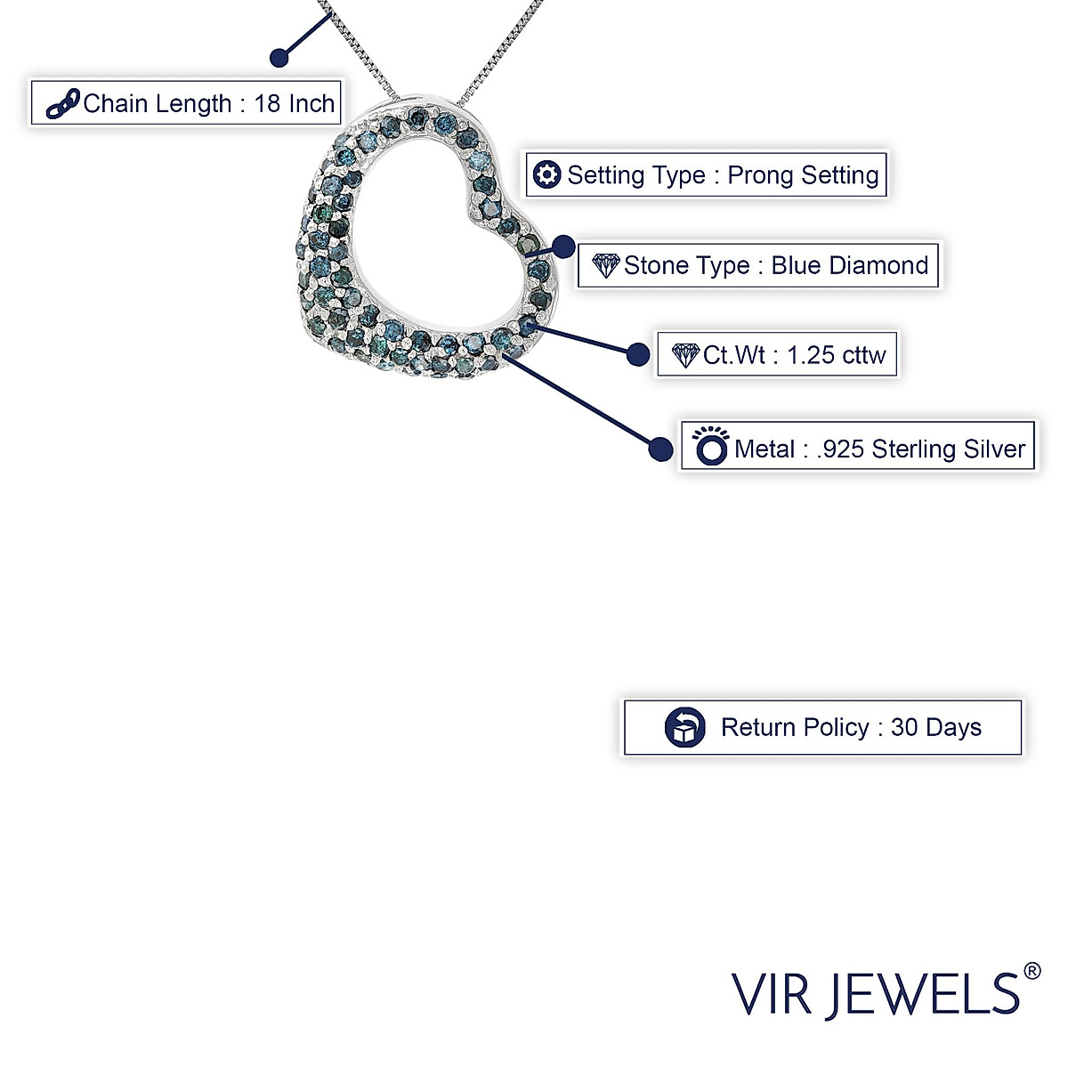 Vir Jewels 1.25 cttw Diamond Pendant, Blue Diamond Heart Shape Pendant Necklace for Women in .925 Sterling Silver with Rhodium, 18 Inch Chain, Prong Setting