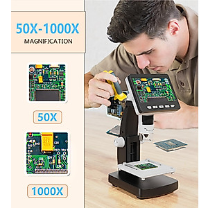 LCD Microscope 4.3" IPS Screen, 1080P Digital Stand Microscope Inspetion Camera, 8 LED Lights, 50x-1000x Magnification, USB Electron Microscopes Compatible with Computer