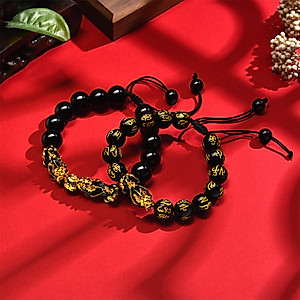 2 Pieces Feng Shui Bead Bracelet Black Amulet Wealth Bracelet with Color Change Pi Xiu Adjustable Braided Rope for Attracting Wealth and Good Luck