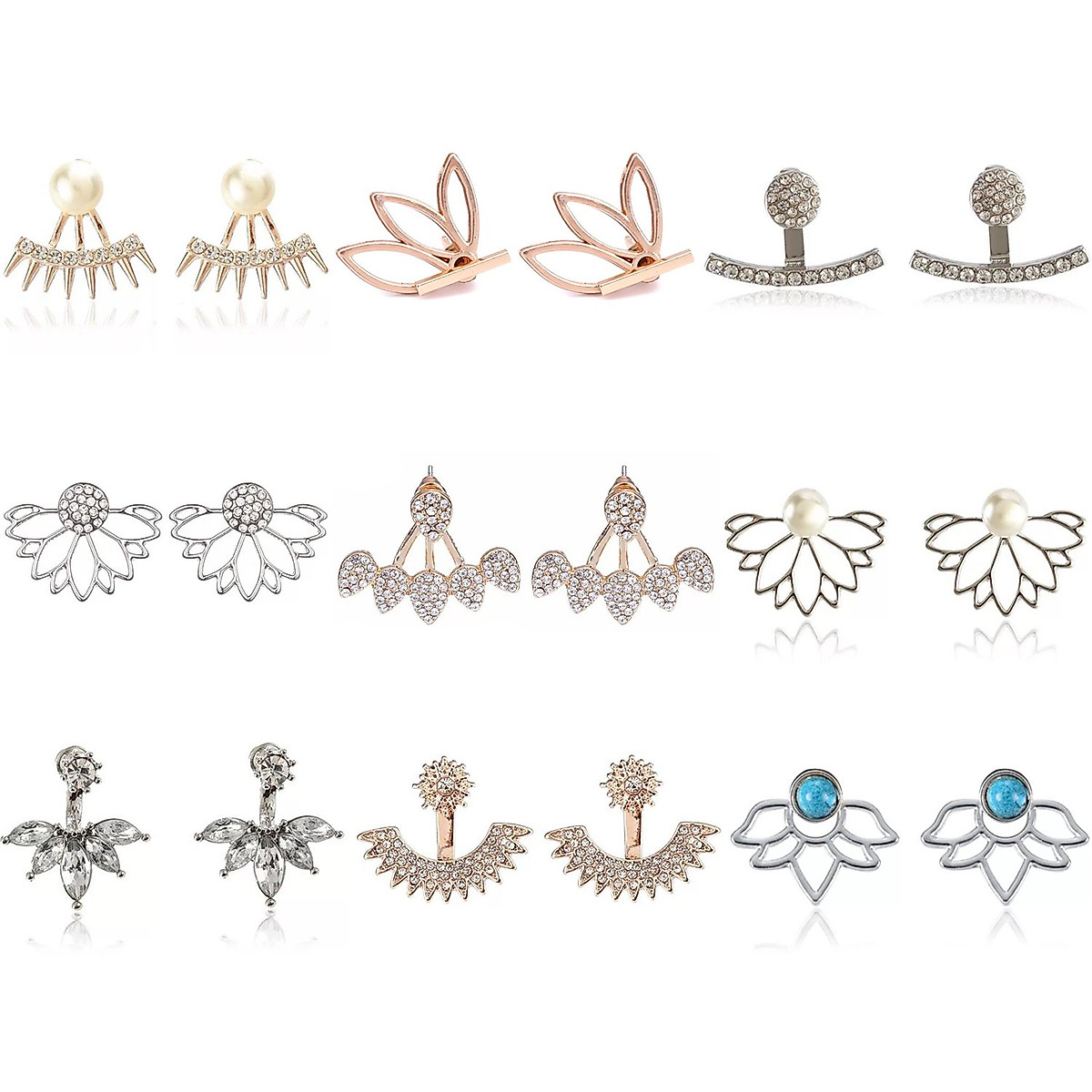 9 Pairs Rose Gold Silver Hollow Lotus Flower Earrings Simple Chic Crystal Pearl Turquoise Stud Earrings Set