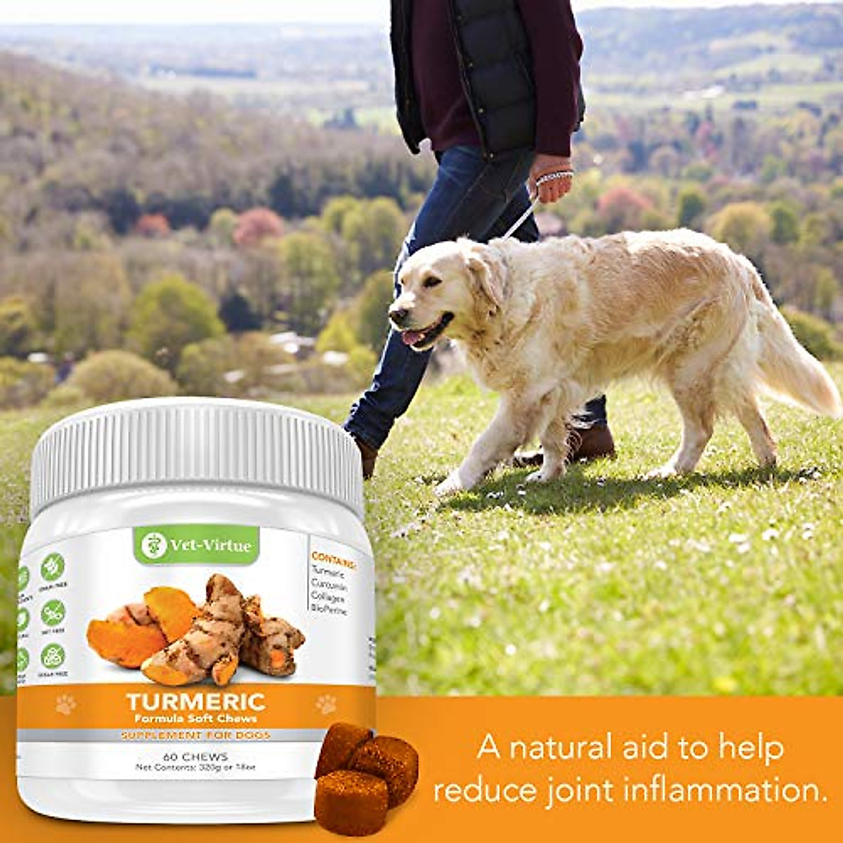 VET-VIRTUE Turmeric for Dogs - Organic Turmeric with Curcumin, Hip and Joint Supplement Dogs Soft Chew, with Collagen and Bioprene, High Absorption Eliminates Joint Pain Inflammation - 60 Count