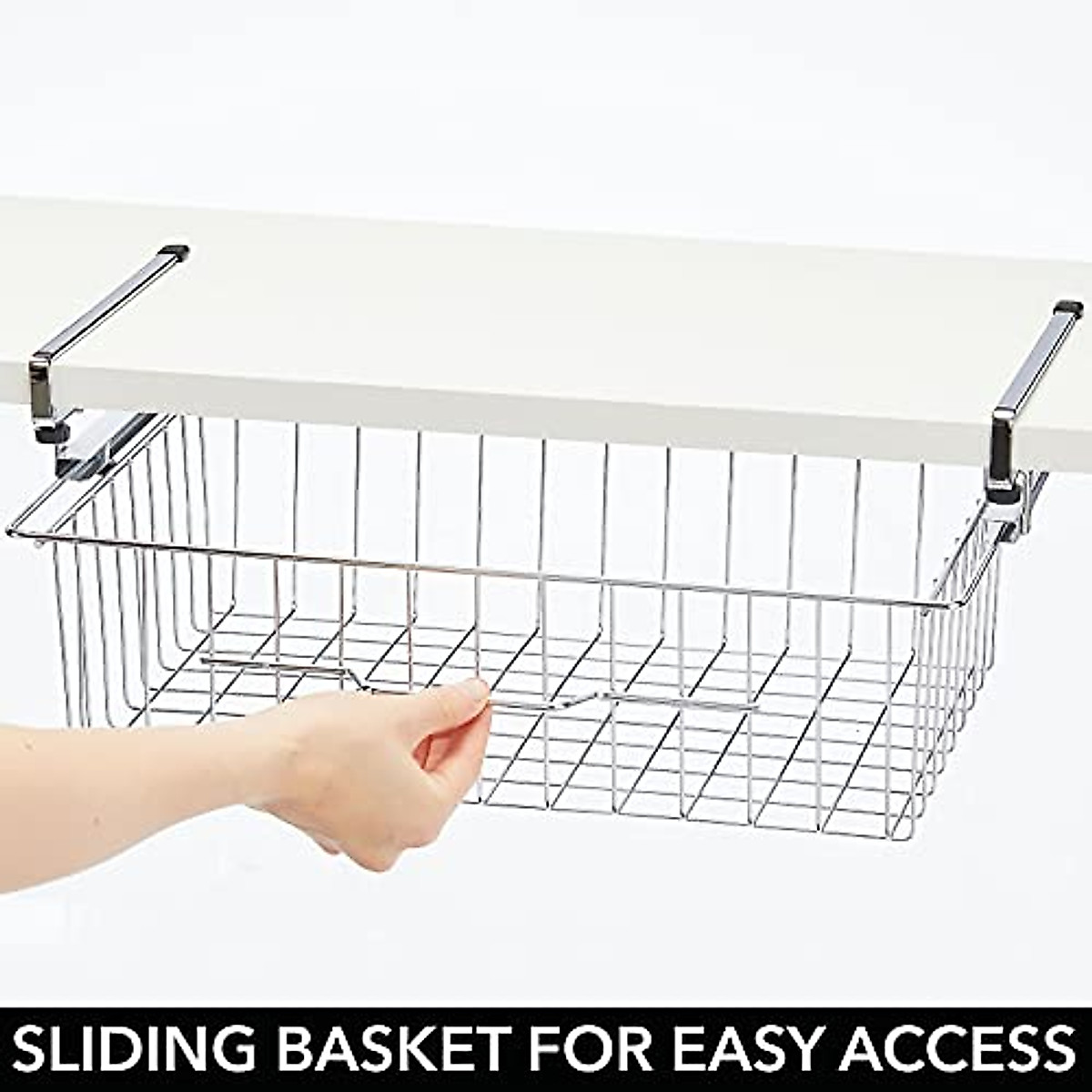 mDesign Large Metal Wire Hanging Pullout Drawer Basket - Sliding Under Shelf Storage Organizer - Attaches to Shelving - Easy Install - Chrome