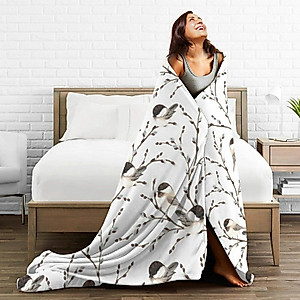 HGOD DESIGNS Bird Throw Blanket Flannel Fleece Blanket Willow Branches and Birds Black-Capped Chickadee Lightweight Throw for Bed Sofa Travel Teens Birthday s 50" x 60