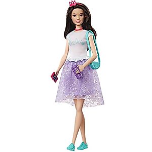 Barbie Princess Adventure Renee Doll (12-inch Brunette) in Fashion and Accessories, with Smart Phone, Purse, Travel Mug and Tiara, Gift for 3 to 7 Year Olds