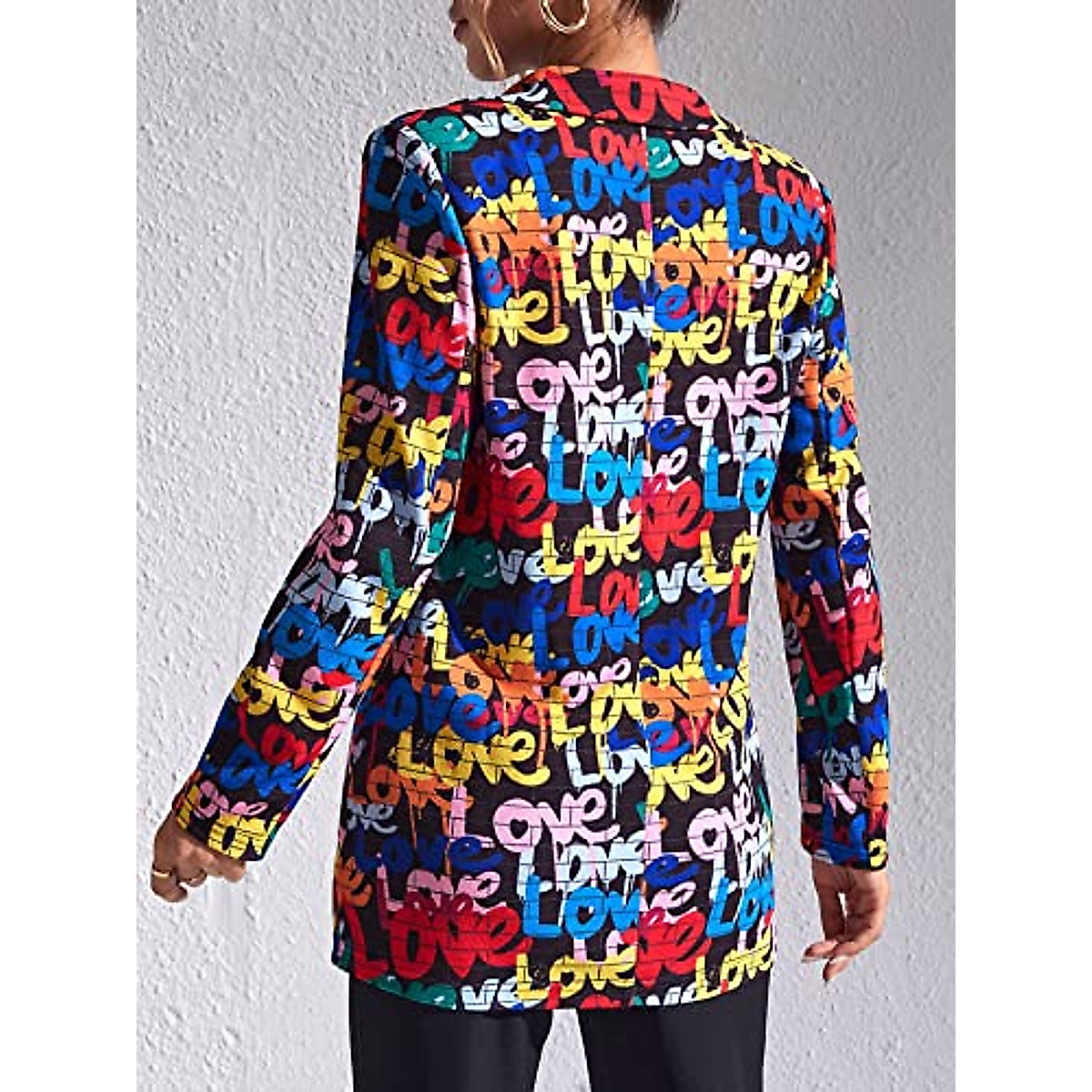 WDIRARA Women's Color Block Graphic Print Long Sleeve Lapel Blazer Jacket Multicolor Letters L