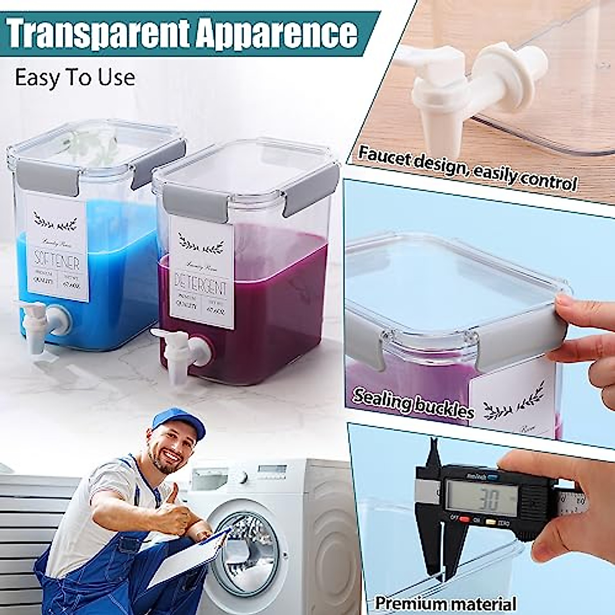 Dandat 2 Pcs 67.6 oz Laundry Detergent Dispenser with Faucet Beverage Refrigerated Bucket Laundry Soap Containers Liquid Detergent Holder with Labels Fabric Softener Container (Grey)