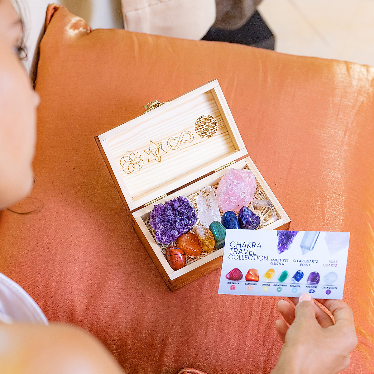 CRYSTALYA Travel Chakra Crystals and Healing Stones in Wooden Gift Box + 50pg EBOOK – 7 Chakra Tumbled Gemstones, Amethyst Crystal, Rose Quartz, Quartz Crystal Point, Stone Guide, Made in U.S.A.