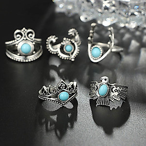 Asphire 11Pcs Bohemian Stacking Knuckle Rings Set Turquoise Midi Ring Punk Silver Animals Finger Rings for Women