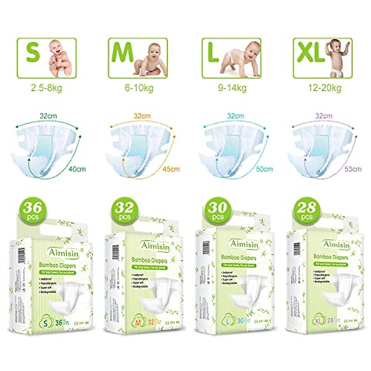 Aimisin Bamboo Disposable Baby Diapers Plant-Based Biodegradable Soft Absorbent Diapers for Babies Hypoallergenic for Sensitive Skin (S(5-16Lbs)-36ct)
