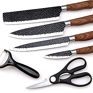 Vivid Cookware Stainless Steel Knives Set, 6 Pcs High Carbon Non Stick Large Blade Knife Block Set | 8" Chef Knife - 8" Carving knife - 8" Small Cleaver - 3.5" Paring Knife - Scissors - Ceramic Peeler