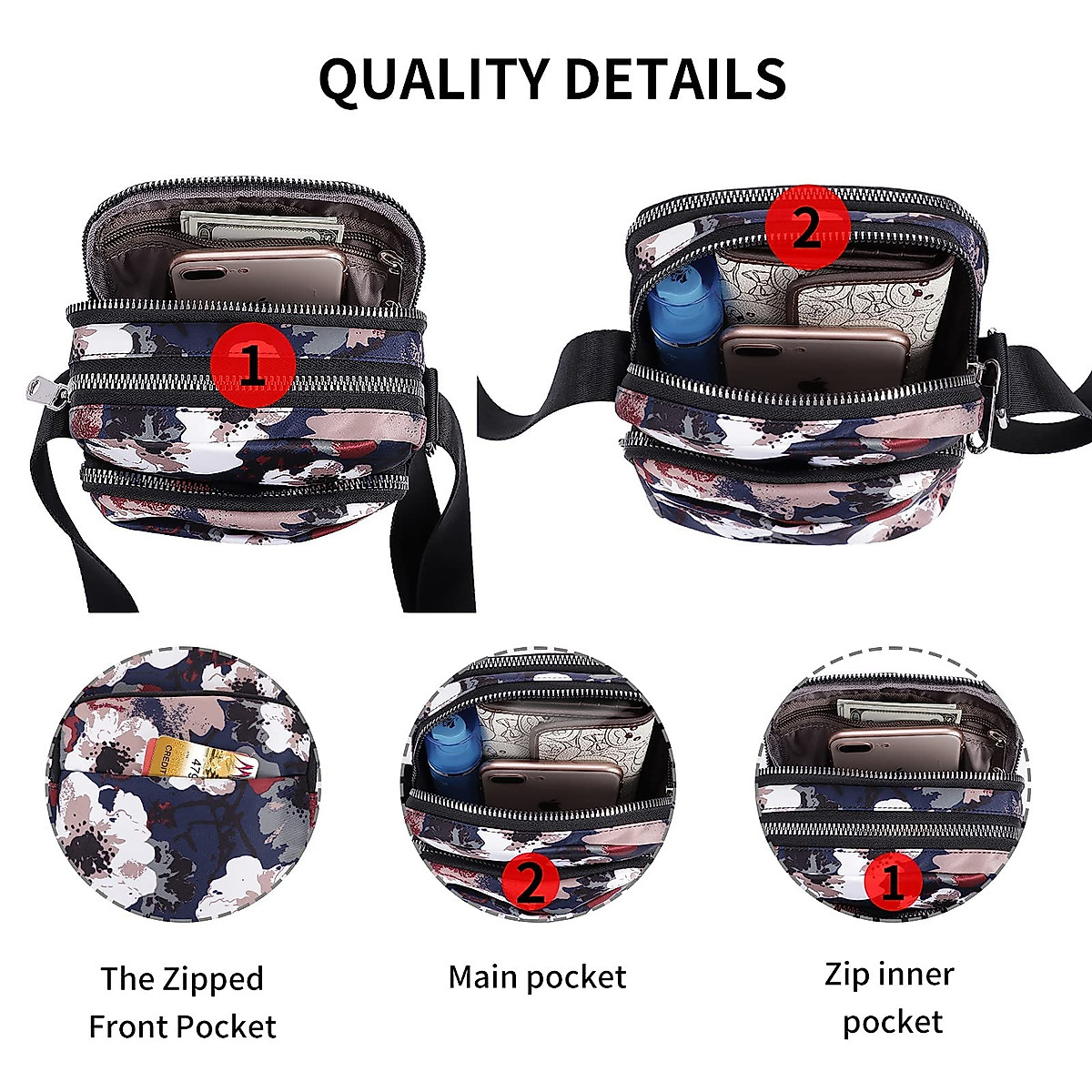 Phenas Women Roomy Crossbody Bag Cellphone Shoulder Bag Casual Triple Zipper Purse Travel Neck Wallet for Young Ladies Girls