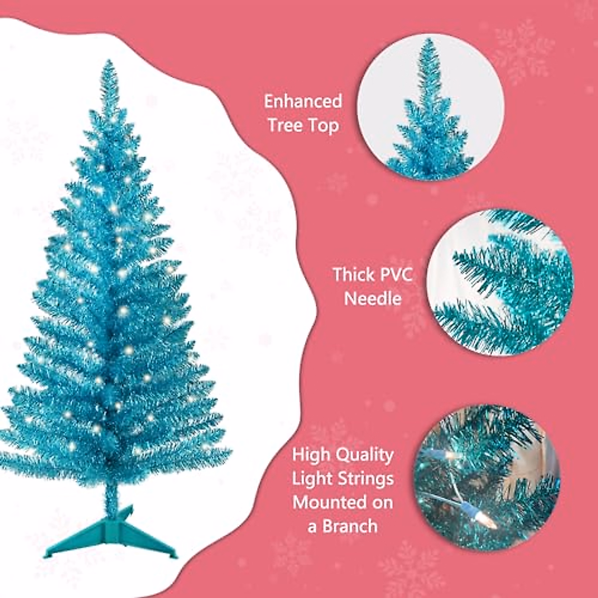 4ft Lighted Artificial Green Christmas Tree, Not Pre-lit Green Tinsel Pine Trees with Lights, Ideal for Ideal for Home, Office, and Xmas Party Décor - Includes Stand