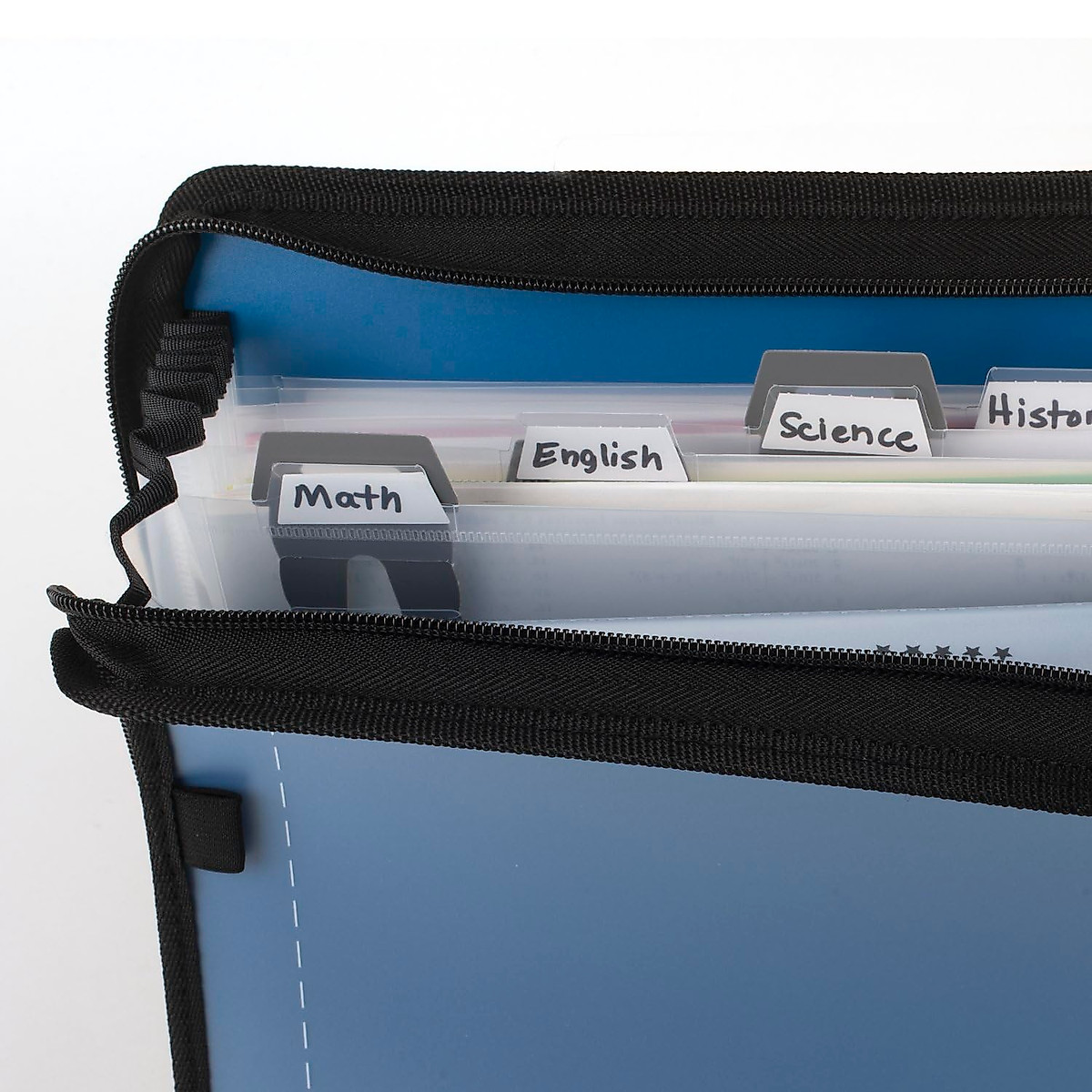 Five Star 7 Pocket Expanding File Organizer + Study App, Plastic Expandable File Folders with Customizable Tabs & Clear Cover, Holds 11" x 8-1/2", Zipper Closure, Pacific Blue (72711)