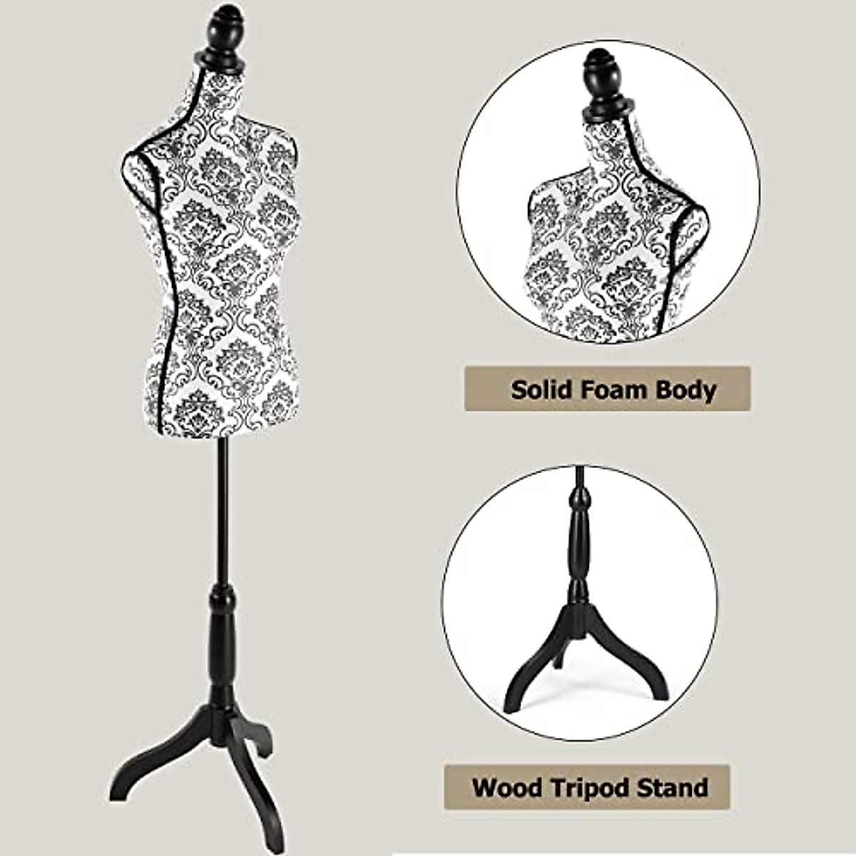 HAORUI Mannequin Torso Female Dress Form Pinnable Mannequin Body for Display with Height Adjustable Sturdy Tripod Stand , Black Flower