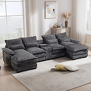 KIVENJAJA 123” Modular Sectional Couch with Console, Cup Holders and USB Ports, Modern U-Shaped Cloud Sofa w/Double Chaise & Deep Seat for Living Room, Chenille, Grey