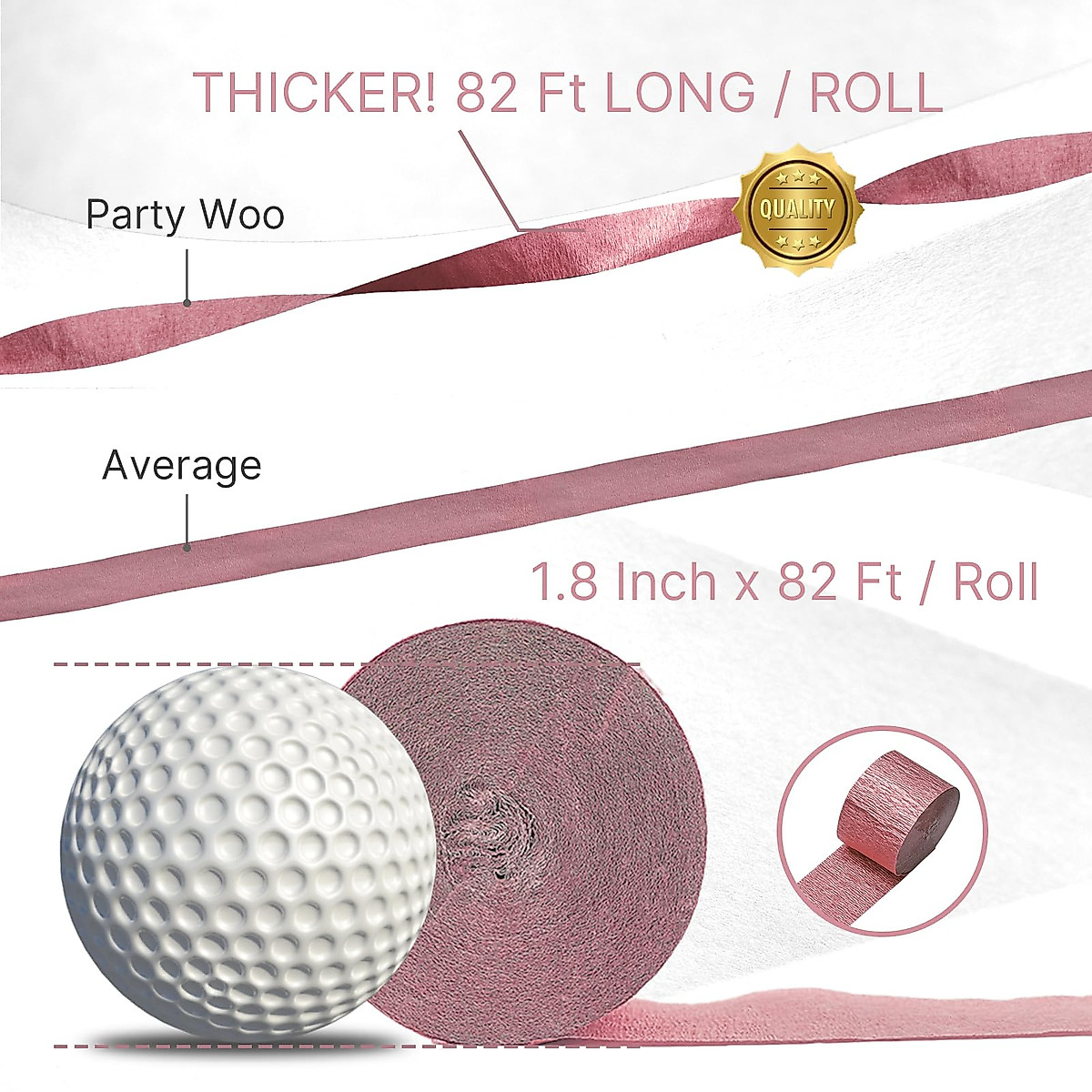 PartyWoo Crepe Paper Streamers 6 Rolls 492ft, Pack of Metallic Rose Gold, Pink, Dusty Pink Party Streamers for Bride to Be Party Decorations, Bachelorette Party Decorations (1.8 Inch x 82 Ft/Roll)