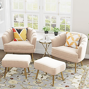 SHINEBOOM Velvet Accent Chairs with Ottoman for Living Room Bedroom Office Leisure Upholstered Single Sofa Chair Arm Chair Comfy Chair Reading Club Coffee Chair with Metal Legs, Beige