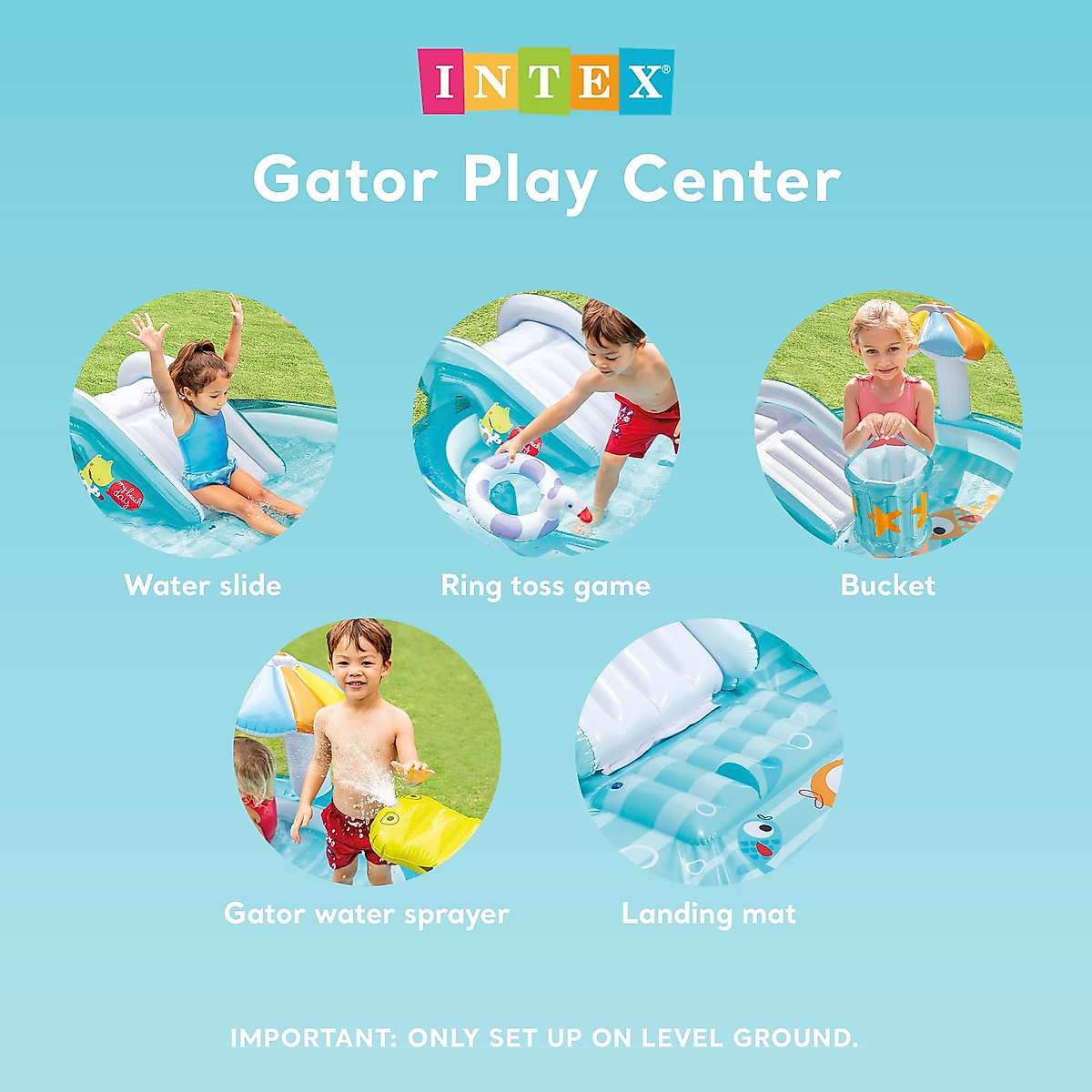 Intex Gator 6.6' x 5.6' x 4" Outdoor Inflatable Kiddie Pool Water Play Swim Center