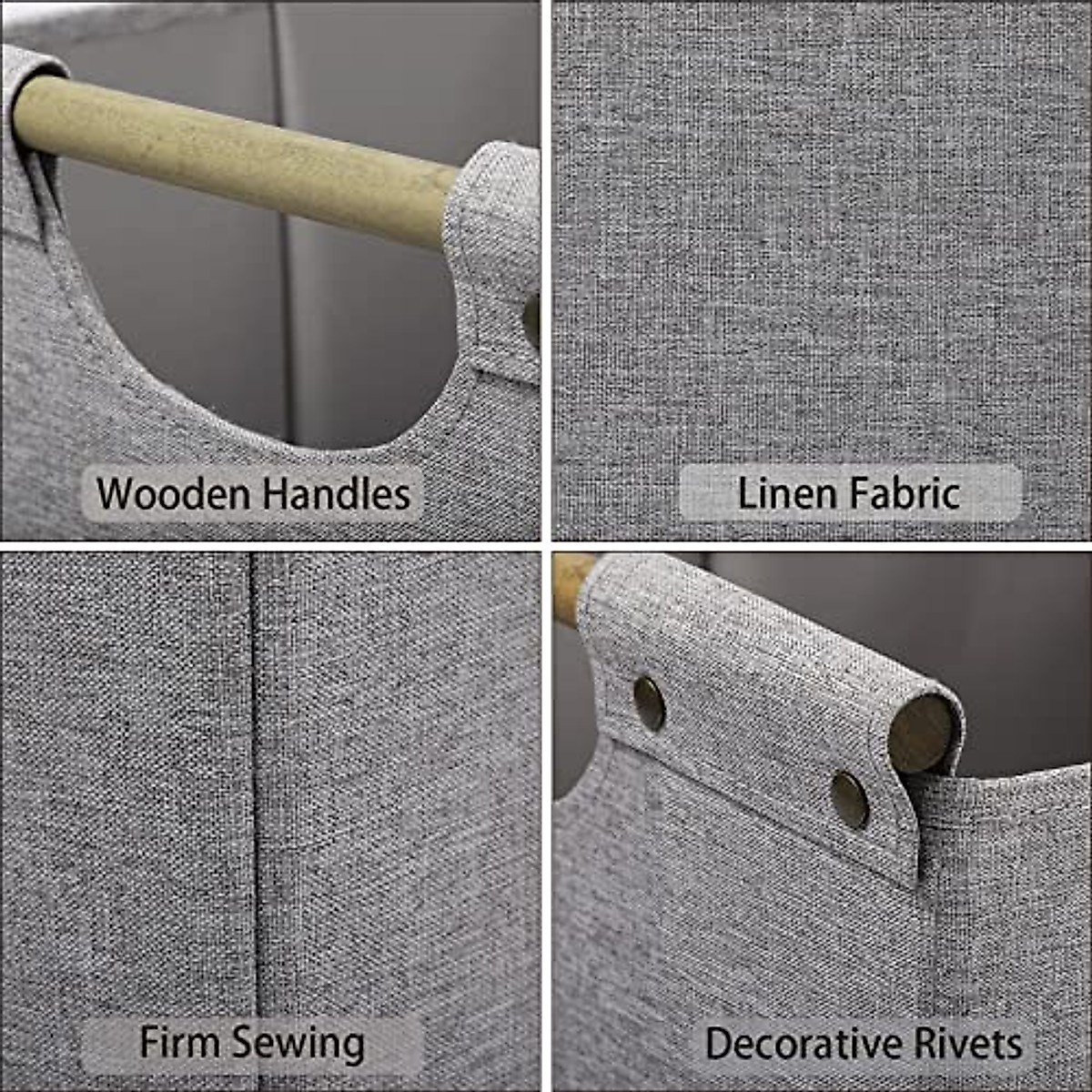 HOONEX Collapsible Storage Bins, 13x13x13in Storage Cubes Linen Fabric, 3 Pack, Storage Baskets with Wooden Carry Handles and Sturdy Heavy Cardboard, for Home, Office, Car, Nursery, Light Grey