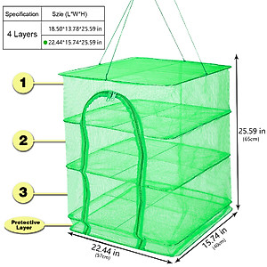 WEISGJA Hanging Drying Rack 4 Layers Foldable Nylon Netting, Folding Fish Mesh, Drying Fish Net for Shrimp Fish Fruit Vegetables Herb, with Zipper Opening, Green (22.4X15.7X25.5 in/Large)