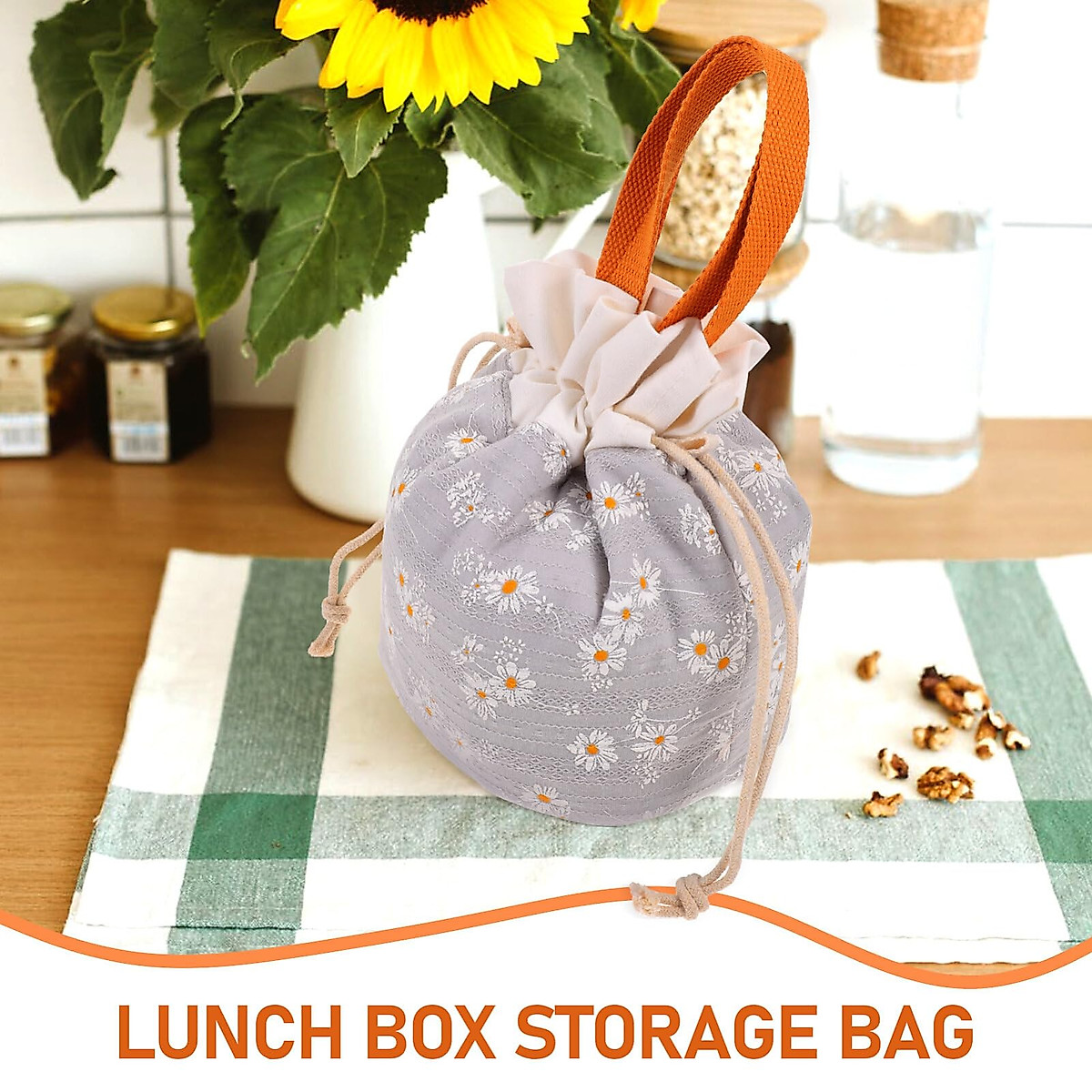 Cabilock Lunch Bag Insulated Folding Lunch Bag Bento Box Drawstring Bag Portable Lunch Holder Daisy Pattern Bento Box Bag Cute Tote