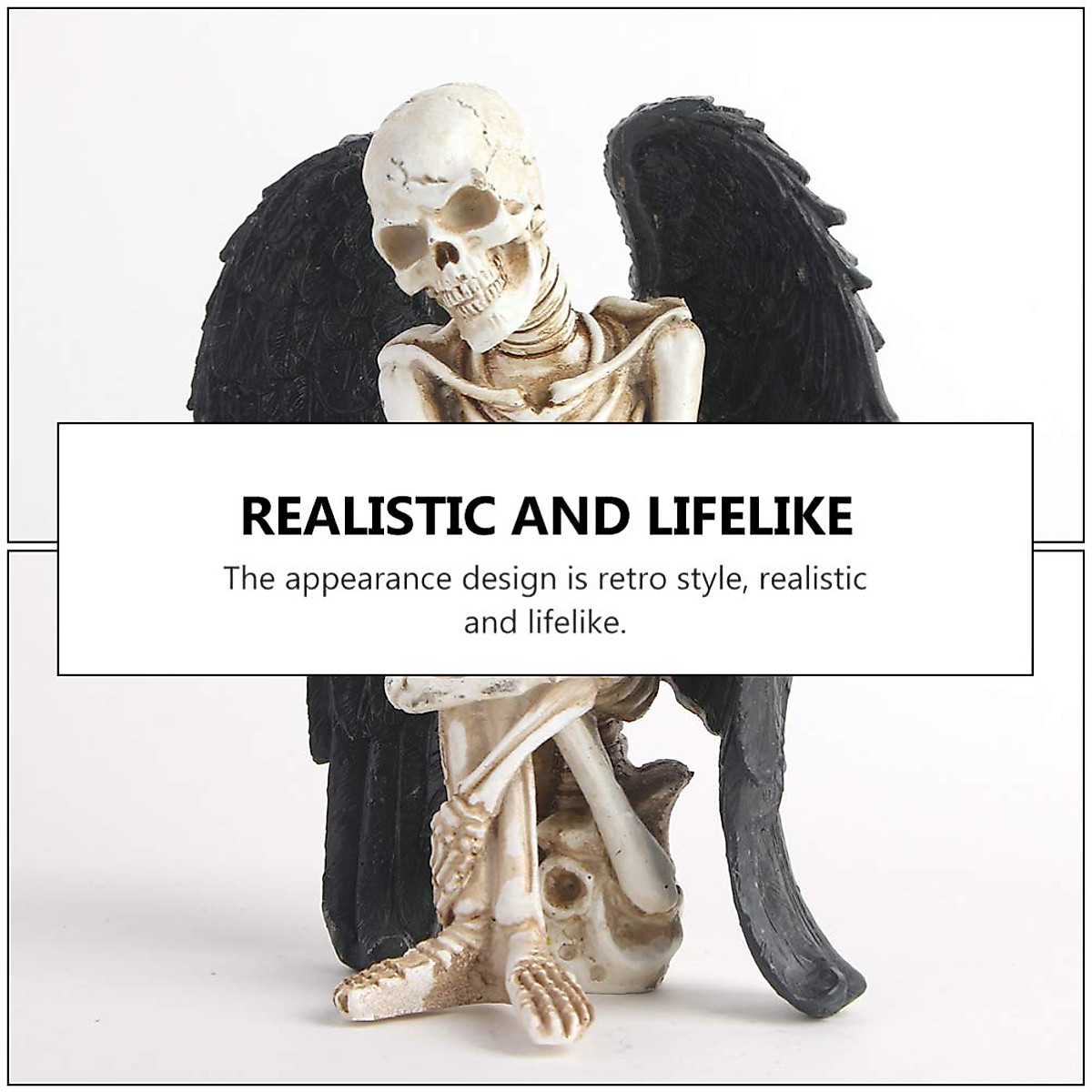 VOSAREA Resin Skeletons Statue Skull Collectible Figurine with Black Angle Wings Resin Figures Decoration for Home Shelves Porch Yard Garden Fireplace Mantle