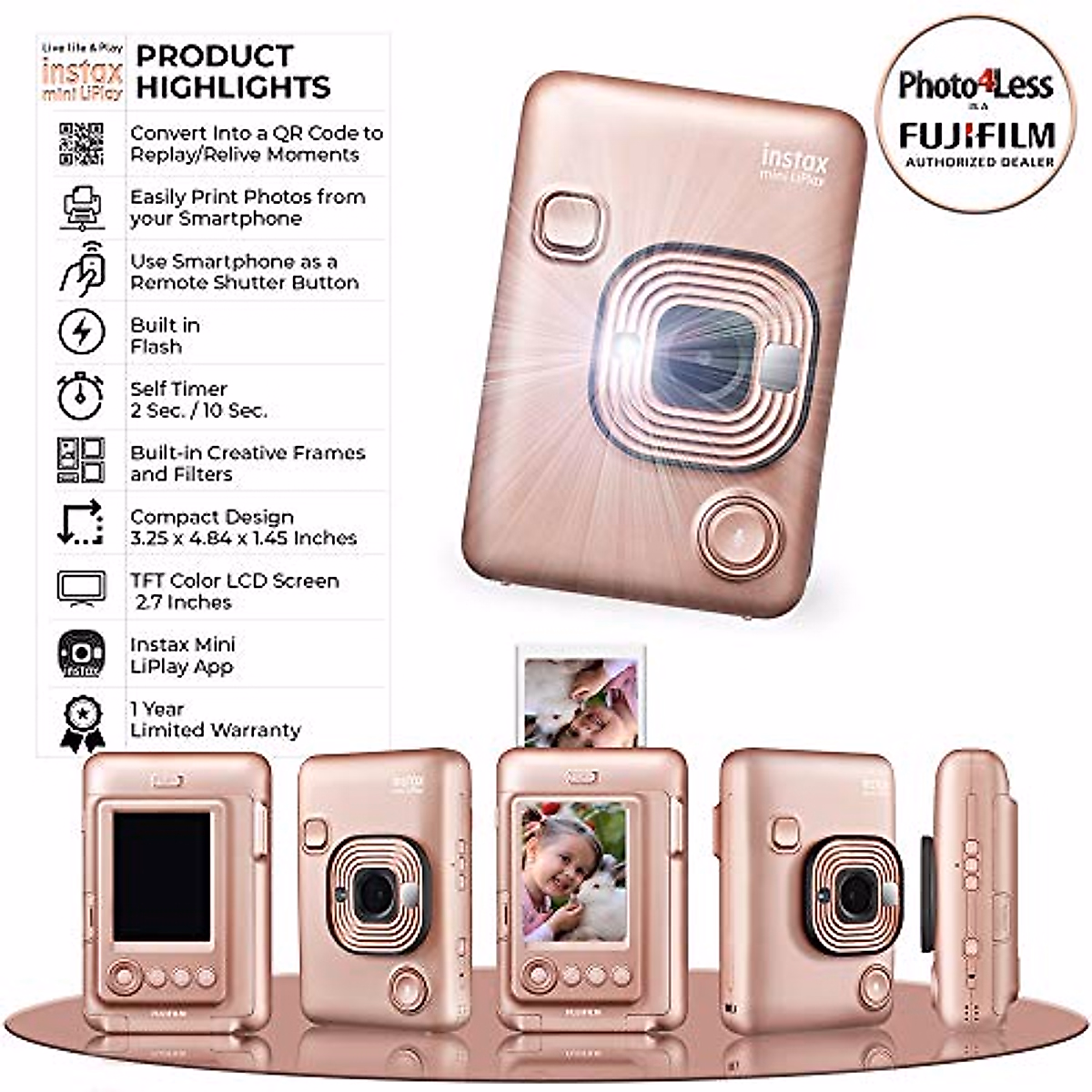Fujifilm Instax Mini LiPlay Hybrid Instant Camera (Blush Gold) + Instant Film (20 Shots) + Rainbow Film (10 Shots) + 32GB microSDHC + Case + Scrapbooking Album + 20 Sticker Frames Travel Package
