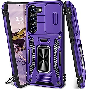 BaHaHoues for Samsung Galaxy S23 Case with Slide Camera Cover for Samsung S23 Case with 360° Rotatable Magnetic Kickstand Ring, Military Grade Shockproof Protective Case for Galaxy S23 5G (Purple)
