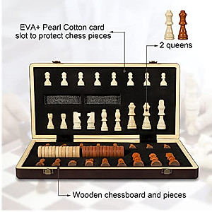 Anzid 15" x 15"Chess,Magnetic Suction Chess,2 Queen Chess Checkers 2-in-1 Chess Board Set,Portable Folding Chess,Magnetic Suction Piece & Storage Box,Beginner Chess Sets for Children and Adults