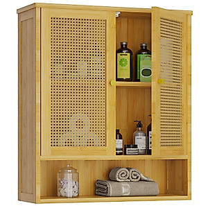 TRIFEBLE Bathroom Wall Cabinet, Bamboo Medicine Cabinet with 2 Rattan Doors and Adjustable Shelf, Over The Toilet Storage Organizer, Natural Cabinet Wall Mounted for Bathroom, Laundry Room, Hallway