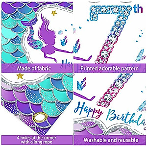 Mermaid 7th Birthday Banner Decorations for Girls, Little Mermaid Themed Happy 7 Year Old Birthday Background Party Supplies, Under The Sea 7 Bday Sign Decor for Outdoor Indoor