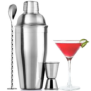 Zulay Kitchen Large 24 oz Stainless Steel Cocktail Shaker Set - Mixed Drink Shaker - Martini Shaker Set with Built in Strainer, Double Sided Jigger & Combo Muddler Mixing Spoon - Pro Margarita Shaker