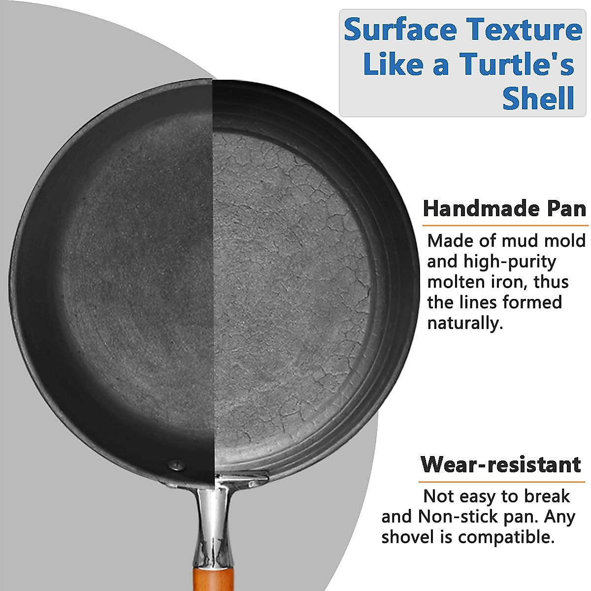 Cast Iron Skillets Lightweight Frying Pans with Detachable Wooden Handle, Nonstick Pan for Cooking, Stovetop, Induction, 11.8 Inch