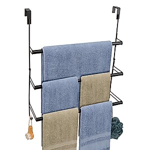 Livabber 3-Tier Over The Door Towel Rack, All Metal Towel Rack with Hooks for Door Hanging, Behind Door Towel Bar Towel Storage Holder for Bathroom Accessories, 19.37" L x 5.9" Wx 24.4" H(Black)