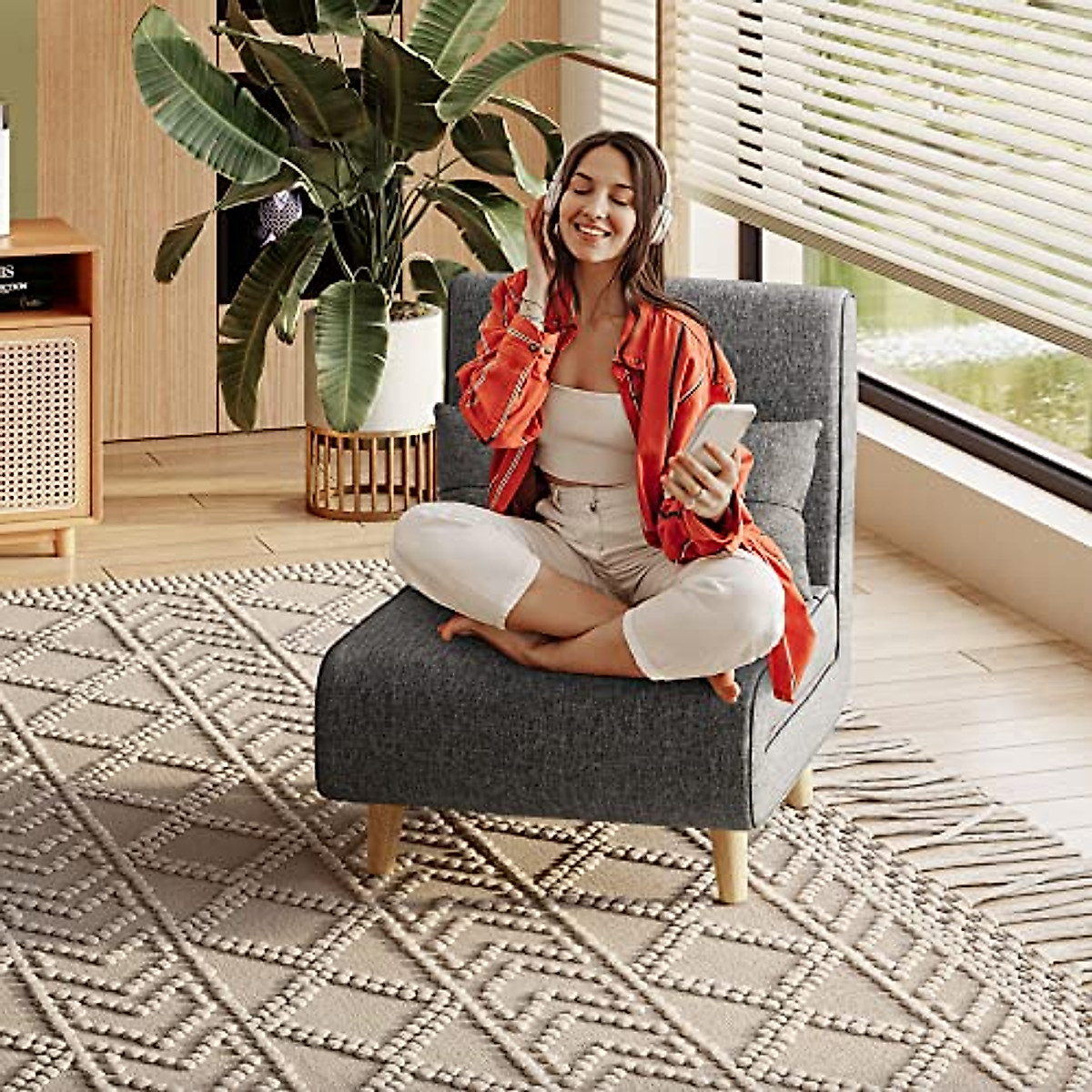 Aiho Convertible Sofa & Chair Bed, Futon Chair Sleeper with Soft Pillow, Modern Linen Fabric Solid Wood Legs, Dark Grey