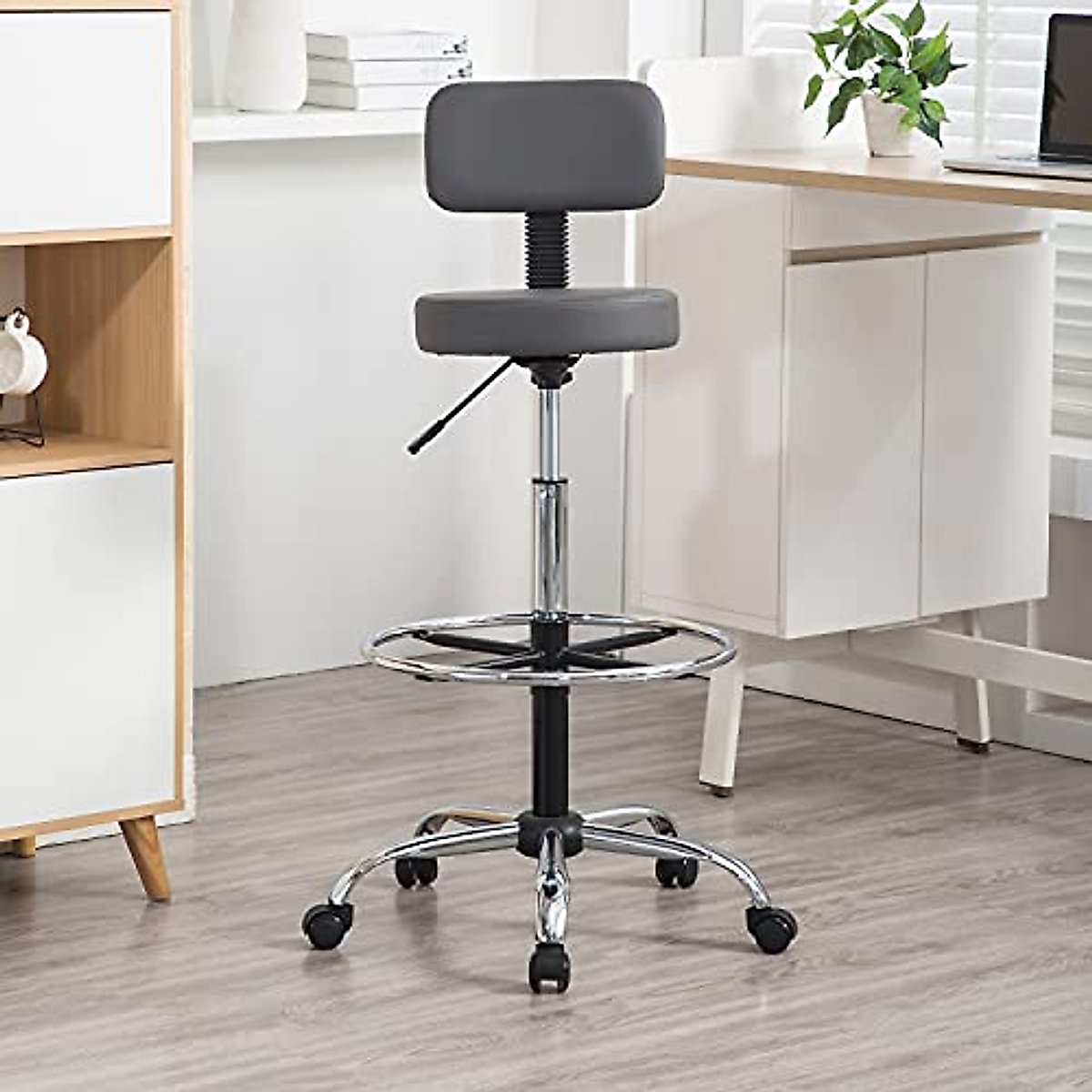 Venus Drafting Stool Chair, Rolling Stools with Wheels, Stools with Backs, Tall Adjustable Office Chair Workbench Stool with Back Support Adjustable Chair Work Stool with Chrome Footrest - Gray