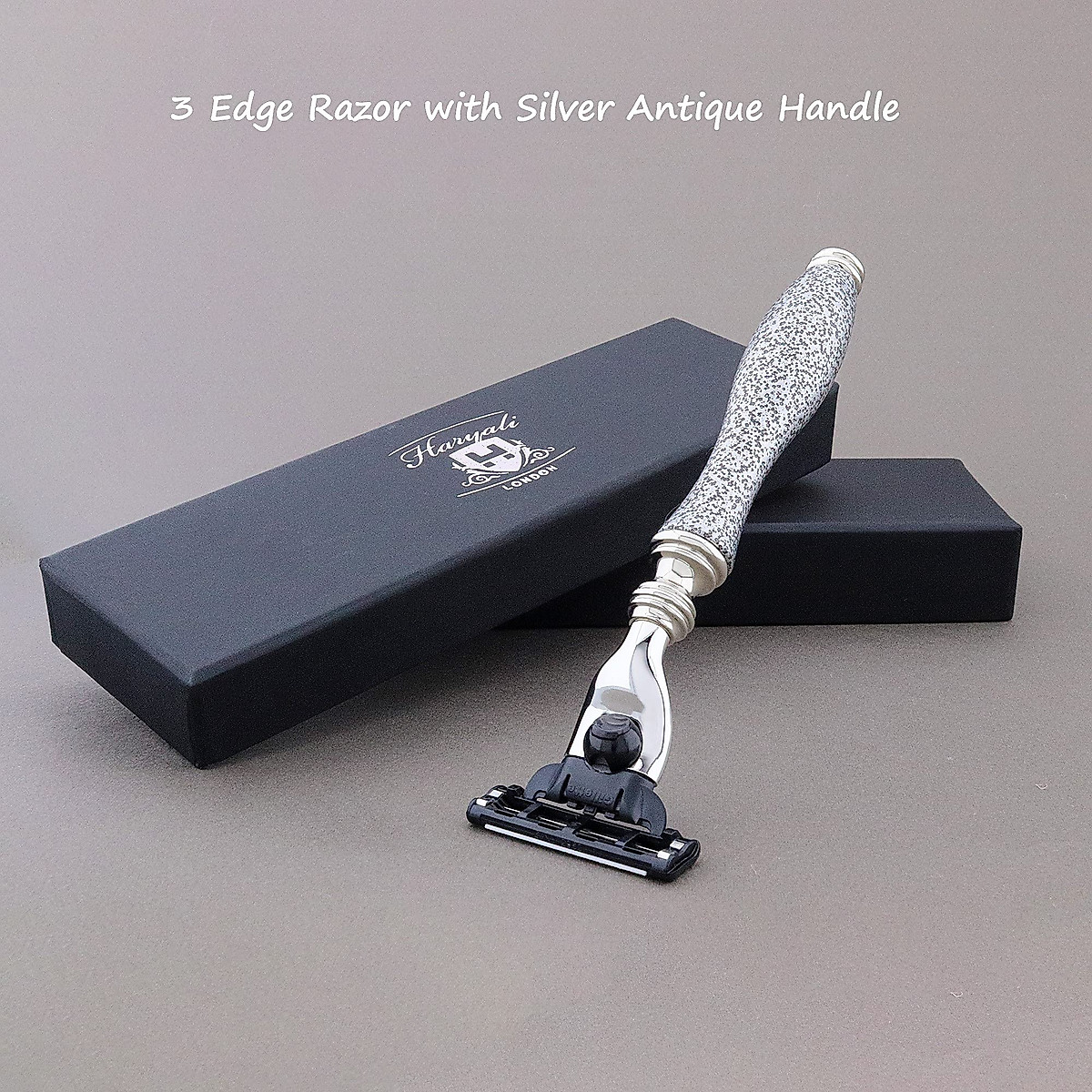 Haryali London 3 Edge Shaving Razor Handmade Silver Antique Design Handle Beard and Mustache Safety Razor For Men Perfect Shave