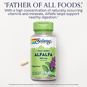 Solaray Alfalfa Leaf 860 mg, Alfalfa Capsules, Superfood with Naturally Occurring Vitamins, Minerals, and Fiber, Healthy Digestion Support, Vegan, 60-Day Guarantee, 50 Servings, 100 VegCaps